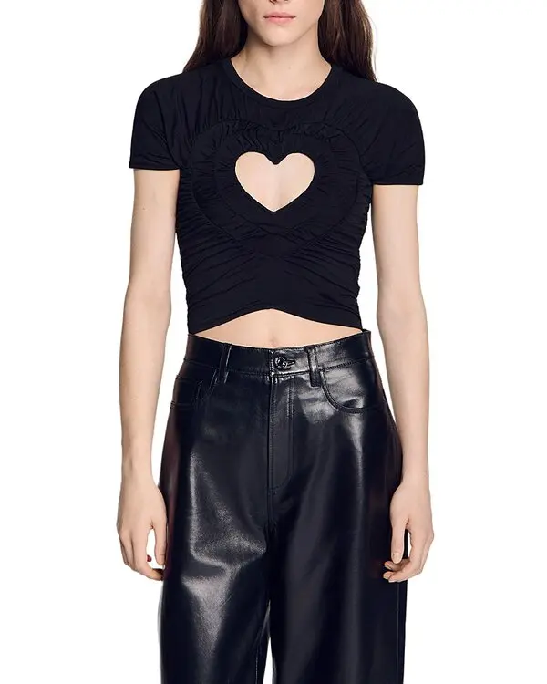 Sandro Ruched Heart Cropped T Shirt - Black