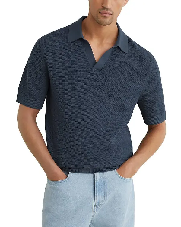 REISS Leon Basket Stitch Polo Shirt - Steel Blue