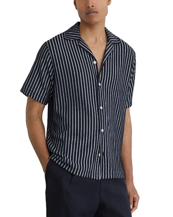 REISS Griff Textured Stripe Short Sleeve Shirt - Navy White