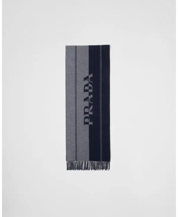 Prada Small Wool Scarf With Jacquard Logo - Grey/blue