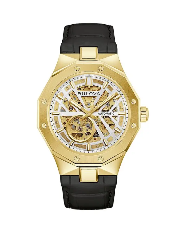 Bulova Automatic Prestige Leather Strap Watch, 42mm - Silver/two-tone