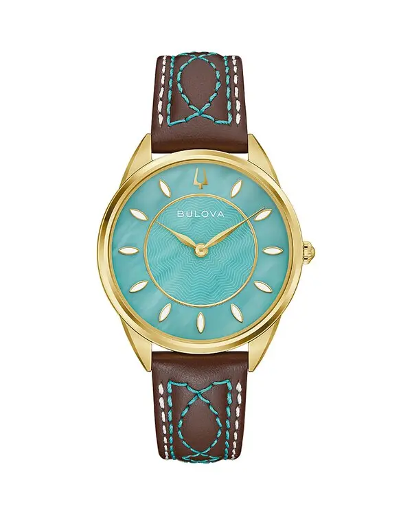 Bulova Stetson Leather Strap Watch, 34.5mm - Blue/brown