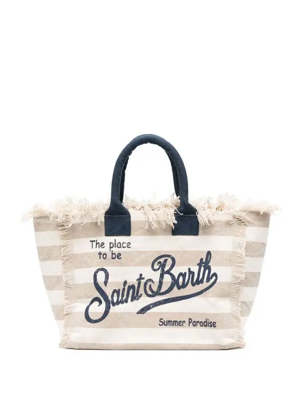 MC2 SAINT BARTH Striped Tote Bag With Fringed Trim - Beige
