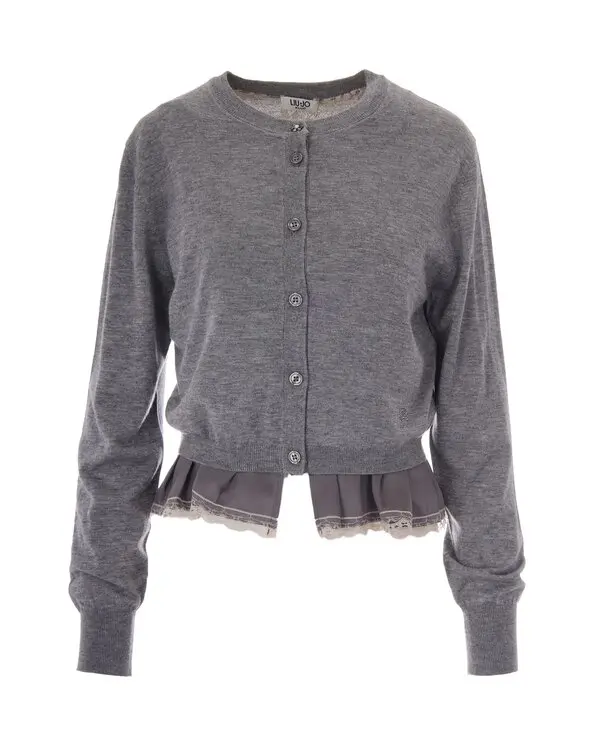 Liu Jo Cropped Button-front Cardigan With Lace Trim - Grigio Md.melange
