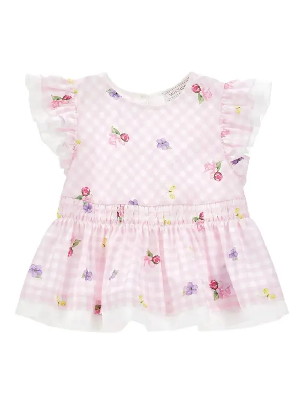 Monnalisa Gingham-check Floral Print Top With Ruffled Sleeves - Multicolor