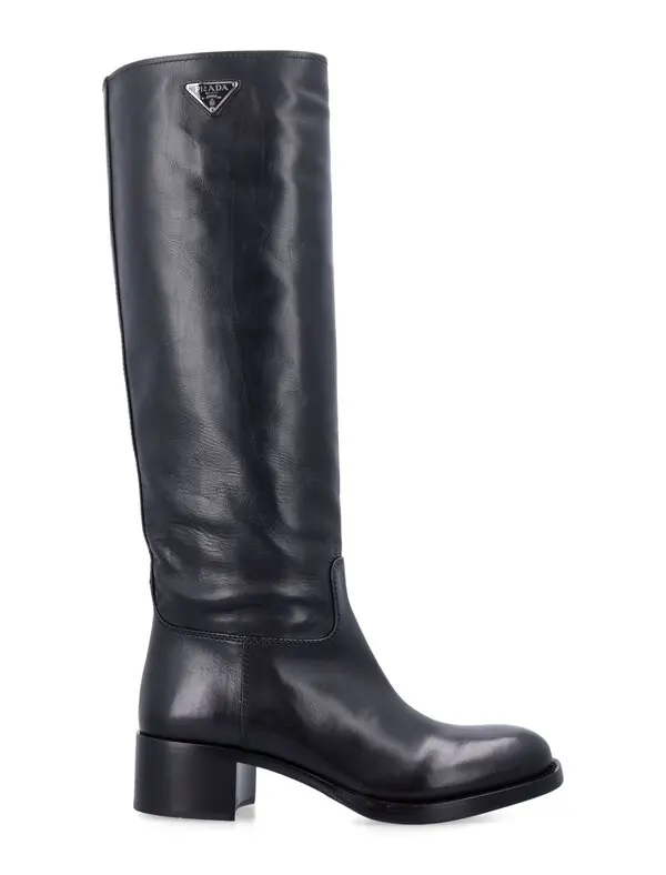 Prada Leather Tall Riding Boots With Enameled Triangle Logo And Block Heel - Nero