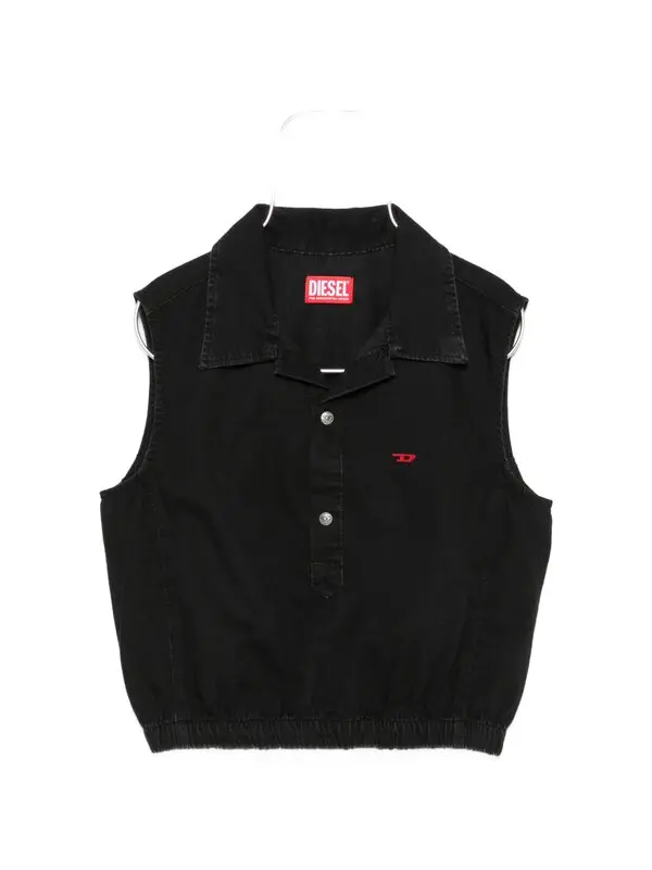 DIESEL® Cotton Shirt Collar Button-up Top With Logo Embroidery - Nero