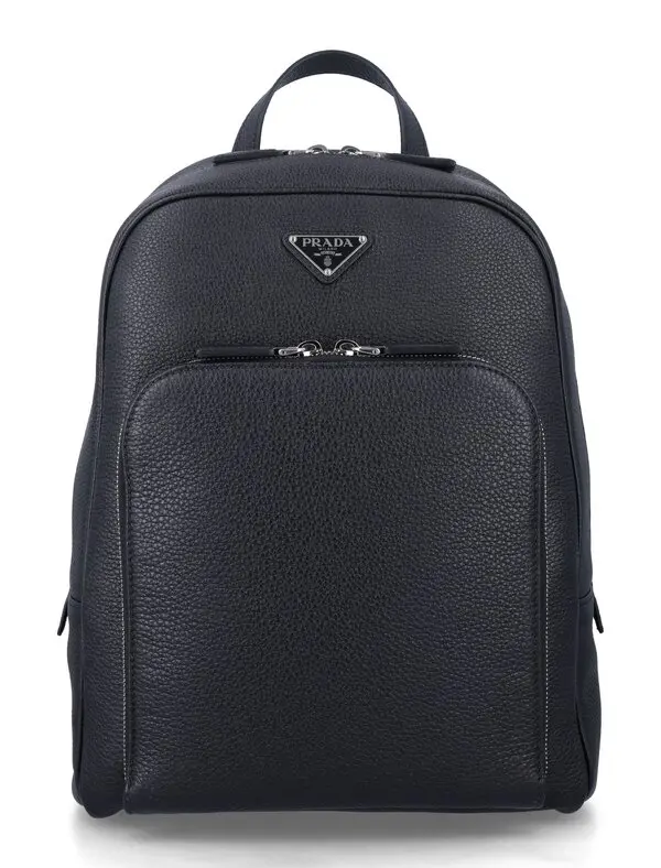 Prada Leather Backpack With Front Zip Pocket - Nero