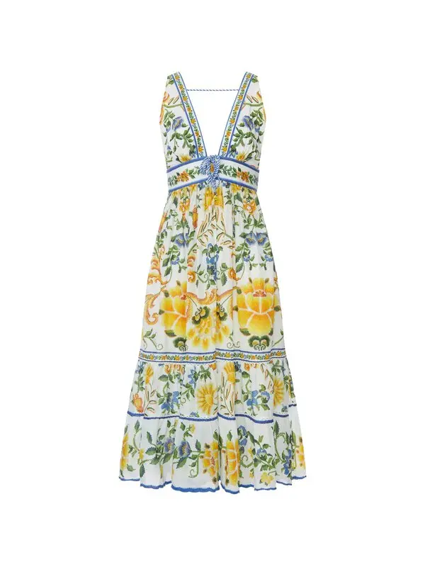 Farm Rio Floral Tapestry Rope Tie V-neck Midi Dress - Bianco