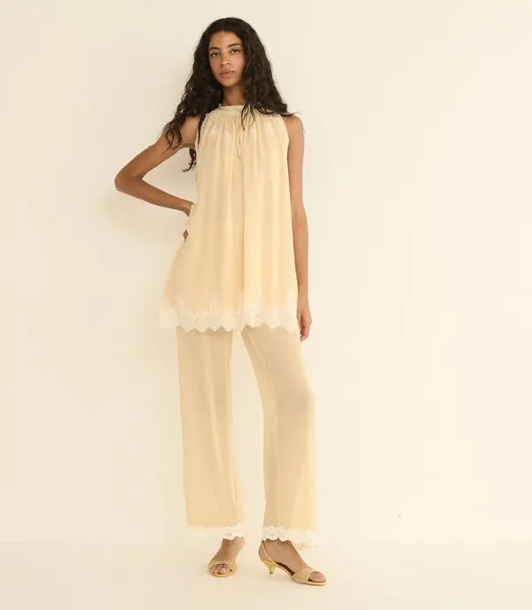 DÔEN Avalon Silk Georgette Babydoll Dress With Lace Appliqu