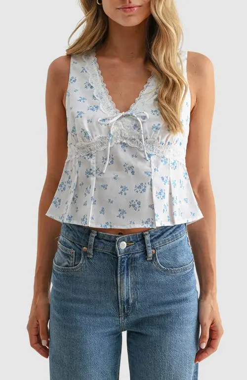 ALL IN FAVOR Lace Trim Pleated Sleeveless Top - Ivory Blue