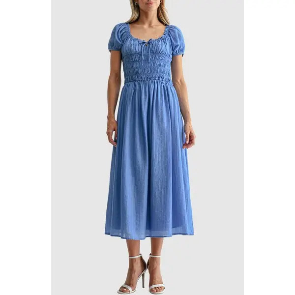 ALL IN FAVOR Puff Sleeve Shirred Midi Dress - Blue