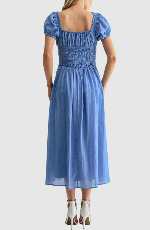 ALL IN FAVOR Puff Sleeve Shirred Midi Dress - Blue