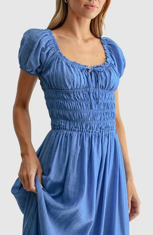 ALL IN FAVOR Puff Sleeve Shirred Midi Dress - Blue