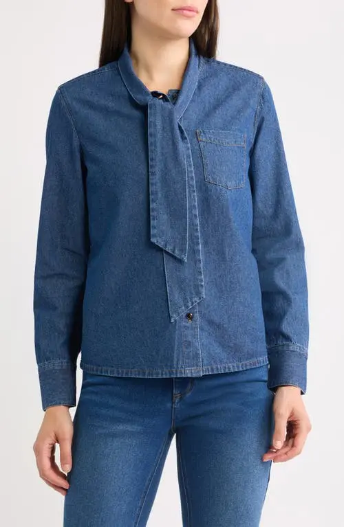 Anne Klein Tie Neck Denim Shirt - Aries Wash