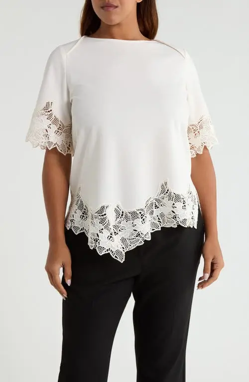 Anne Klein Lace Trim Asymmetrical Knit Top - White Dove