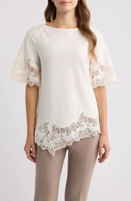 Anne Klein Lace Trim Asymmetrical Hem Top - White Dove