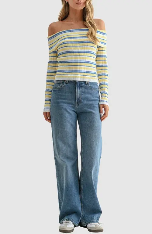 ALL IN FAVOR Off-the-shoulder Striped Ribbed Knit Top