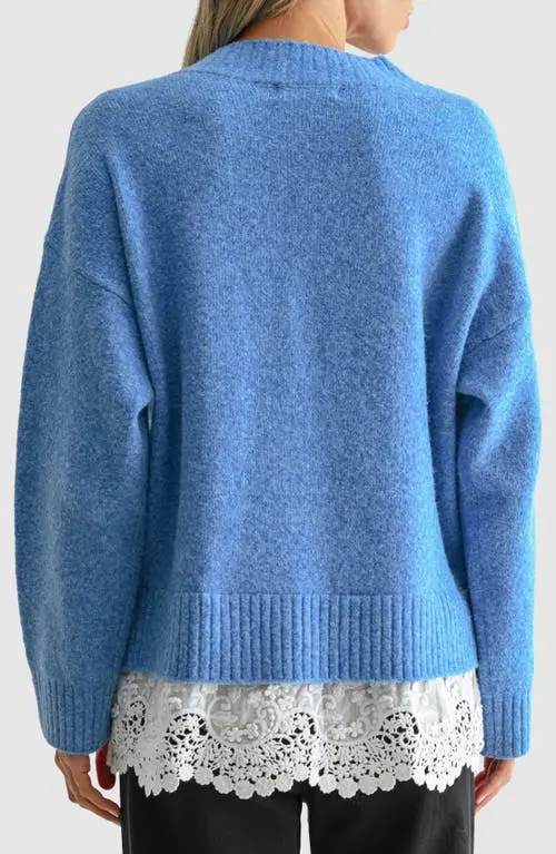 ALL IN FAVOR V-neck Lace Hem Sweater - Cornflower Blue