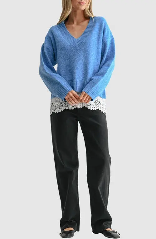 ALL IN FAVOR V-neck Lace Hem Sweater - Cornflower Blue