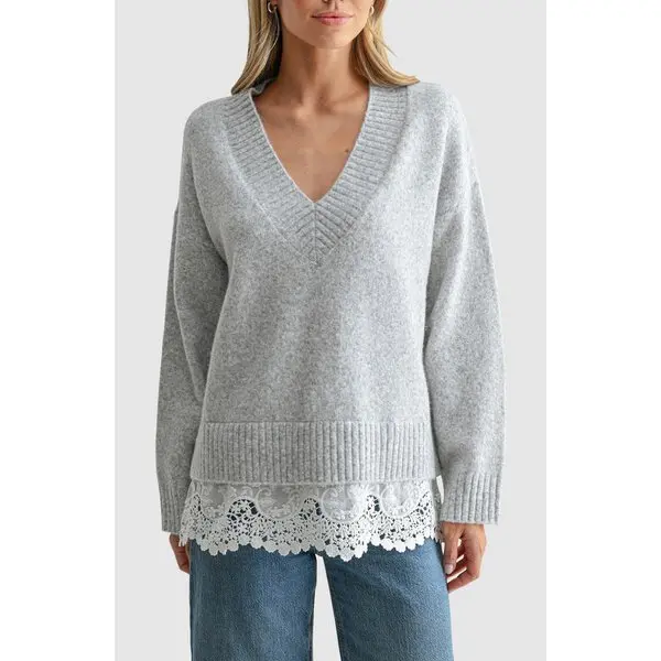 ALL IN FAVOR Lace Hem V-neck Sweater - Heather Grey