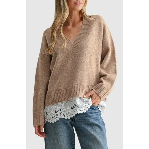 ALL IN FAVOR Lace Hem V-neck Sweater - Taupe