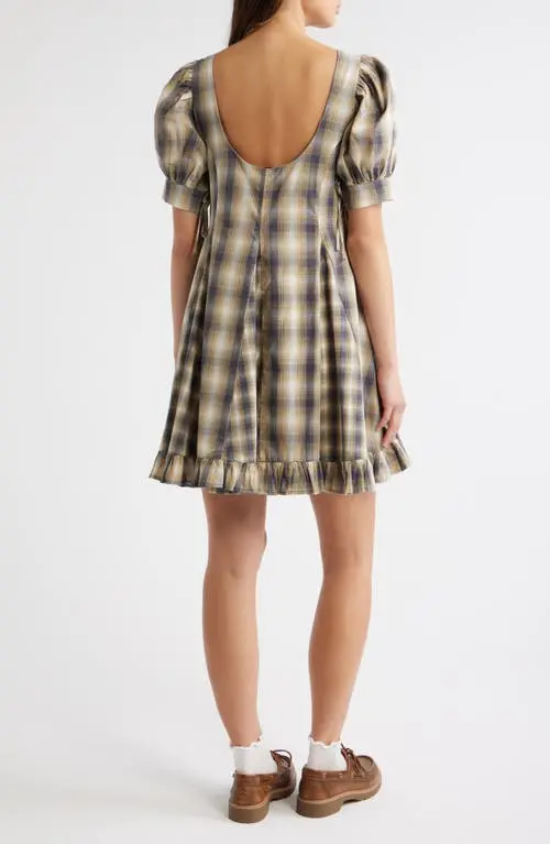 DAMSON MADDER Sabina Plaid Mini Godet Dress With Puff Sleeves And Ruffle Hem