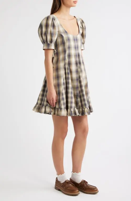 DAMSON MADDER Sabina Plaid Mini Godet Dress With Puff Sleeves And Ruffle Hem