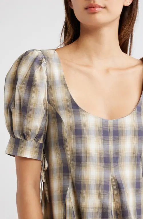 DAMSON MADDER Sabina Plaid Mini Godet Dress With Puff Sleeves And Ruffle Hem