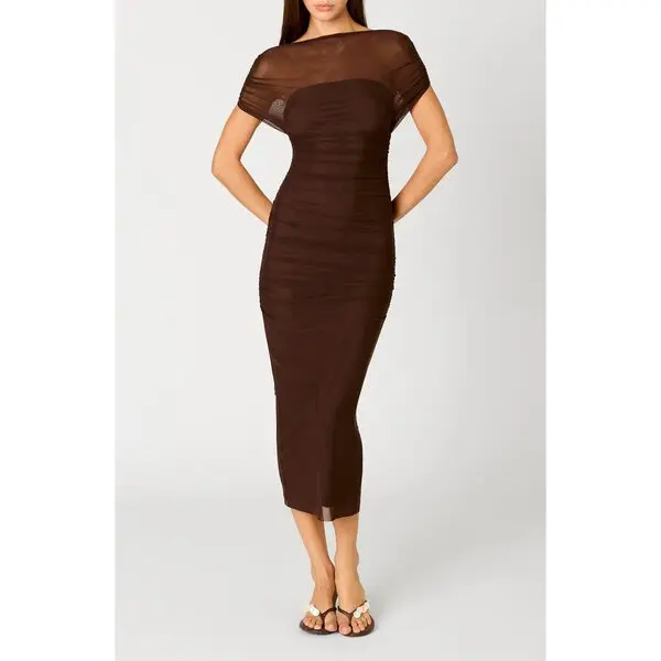 NIA Aria Ruched Off The Shoulder Mesh Midi Dress - Chocolate
