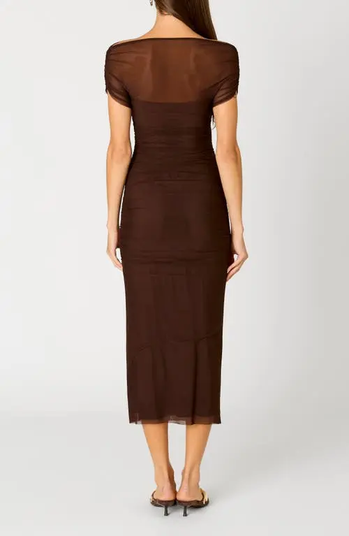 NIA Aria Ruched Off-the-shoulder Mesh Midi Dress