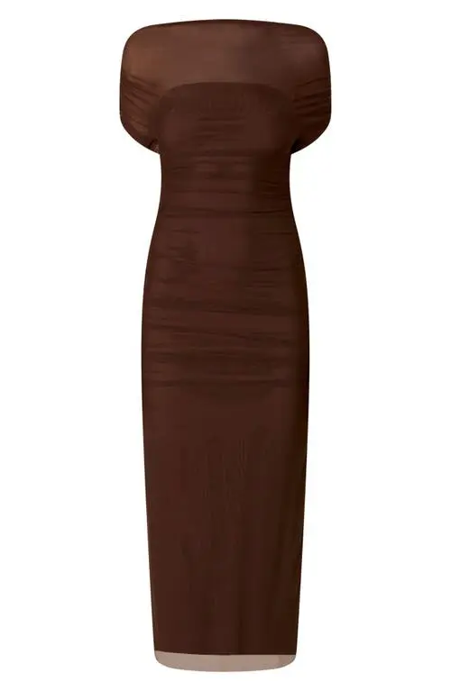 NIA Aria Ruched Off-the-shoulder Mesh Midi Dress