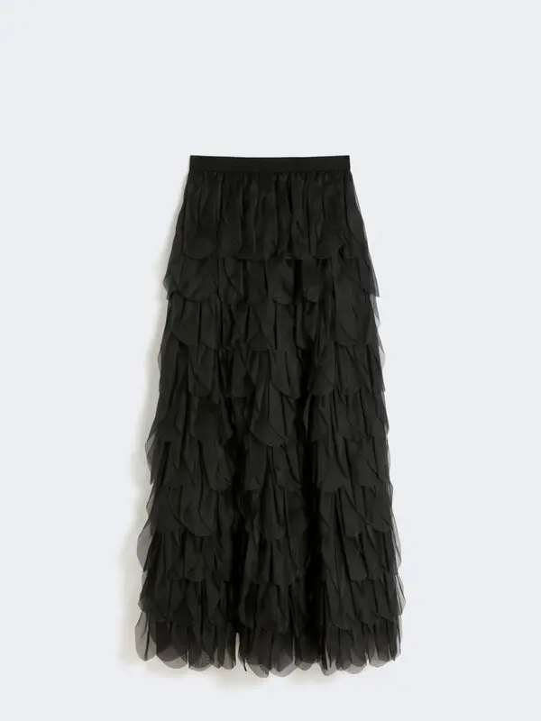 Max Mara Long Skirt With Petals In Silk Organza - Black