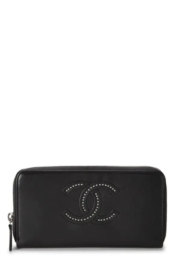 Chanel Calfskin Studded Zip Around Wallet - Black