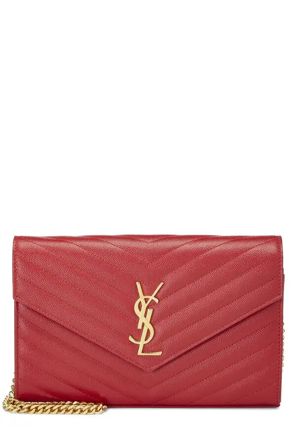 Saint Laurent Grainy Monogram Wallet On Chain - Red
