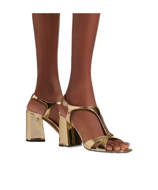 JIMMY CHOO Metallic Leather Block Heel Sandals