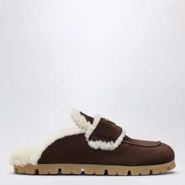 Prada Suede And Shearling Clogs - Brown