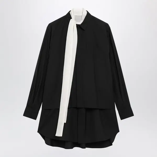 Sacai Wool-blend Mini Shirt Dress With Integrated Scarf - Black