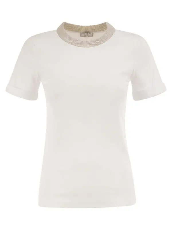 Peserico Stretch Cotton Jersey T-shirt With Lamé Knit Neckline - White