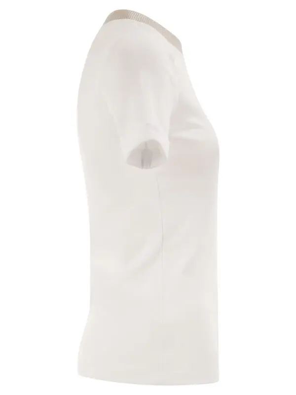 Peserico Stretch Cotton Jersey T-shirt With Lamé Knit Neckline - White