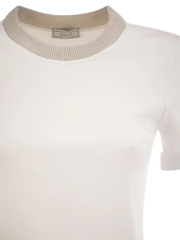 Peserico Stretch Cotton Jersey T-shirt With Lamé Knit Neckline - White