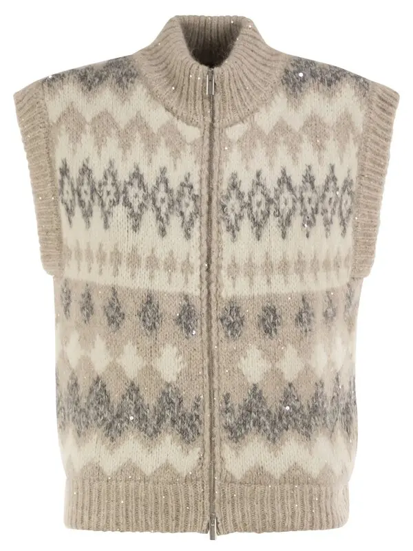 Peserico Jacquard Knitted Gilet In Alpaca Blend With Sequins - Cream