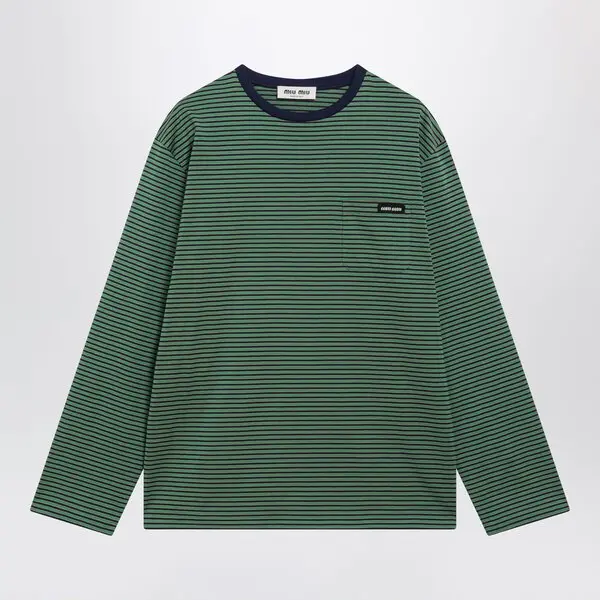 Miu Miu Navy /green Striped Cotton Sweater - Blue