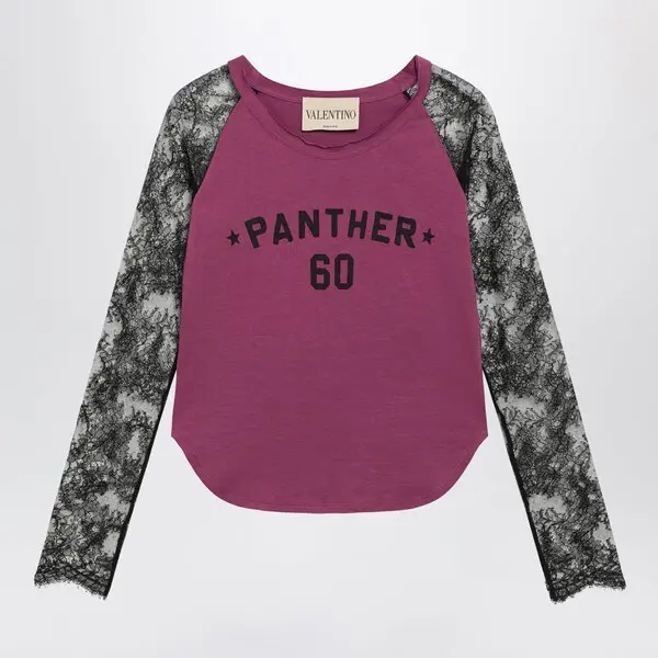Valentino Garavani Cyclamen Panther 60 T-shirt With Black Lace Sleeves - Pink