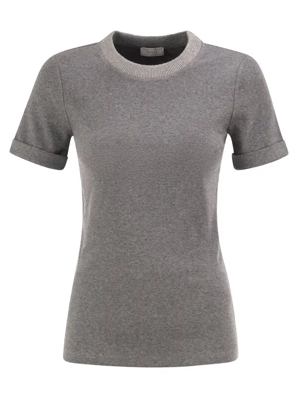 Peserico Stretch Cotton Jersey T-shirt With Lamé Knit Neckline - Gray