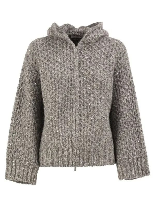 Peserico Alpaca Blend Knitted Hooded Cardigan With Sequins - Gray
