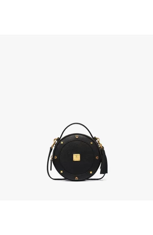 Mcm Small Pina Tambourine Bag In Studded Calfskin - Black