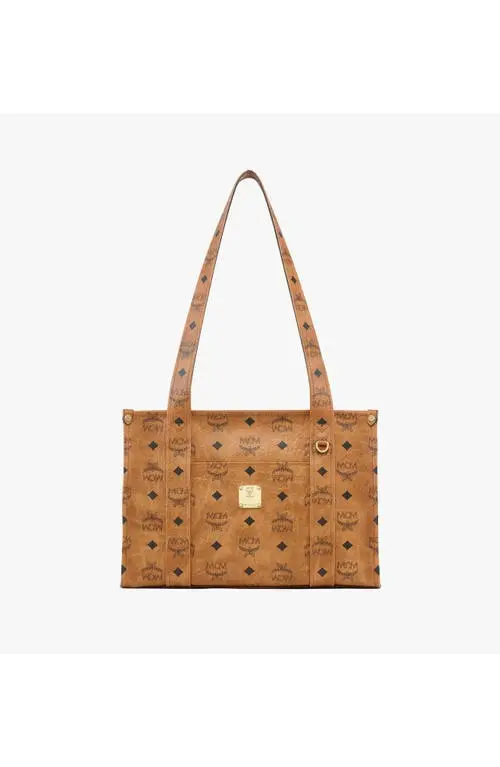 Mcm Small Aren School Bag Tote In Visetos - Cognac