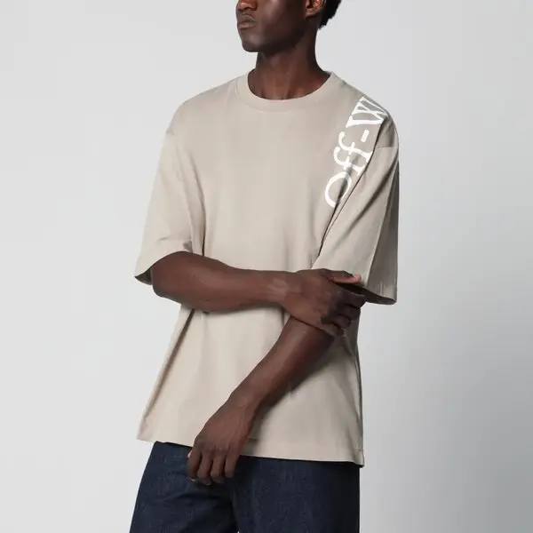 Off-White Beige Cotton Crew-neck T-shirt With Printed Logo - White