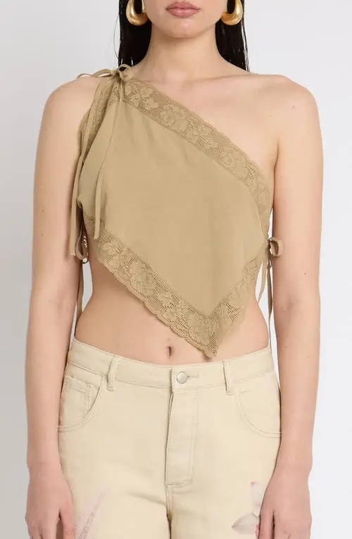 MUSE ASSEMBLY Embroidered Hanky One Shoulder Top - Pale Khaki